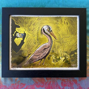 Blue Heron, Bird Watcher & Bull Frogs Illustration Pen and Ink Nature ...