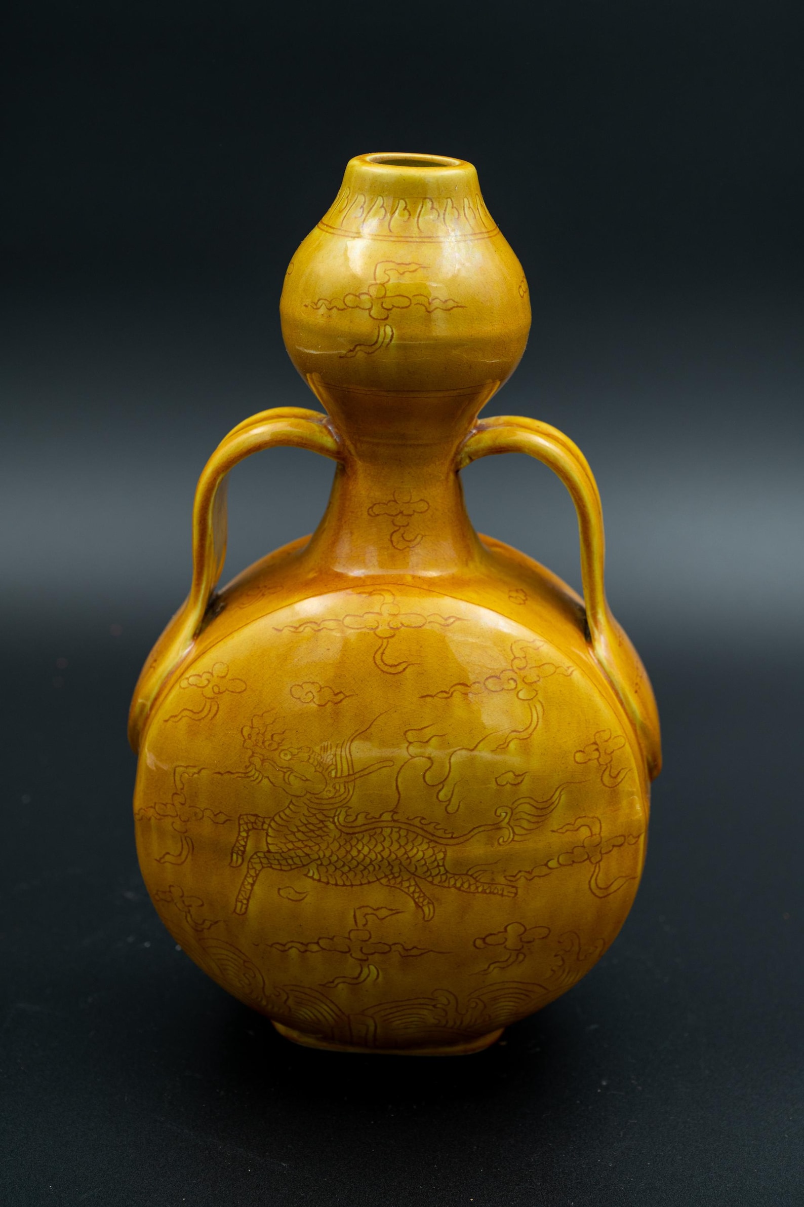 Chinese Yellow Glazed Moon Flask Vase – Qilin & Cloud Motif – Double ...