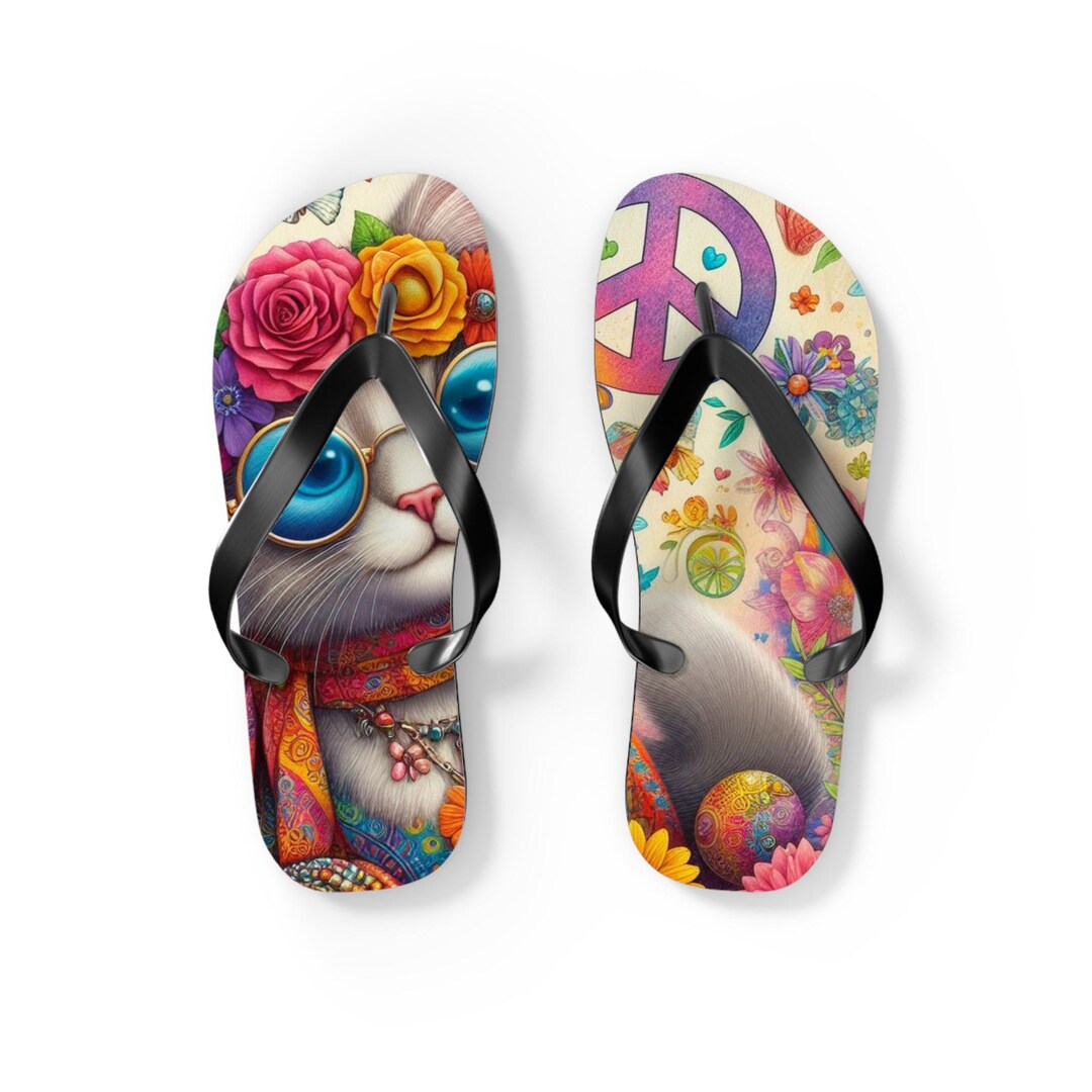 Peaceful Cat Flip Flops - Boho Sandals for Summer, Beachwear, Gift for ...