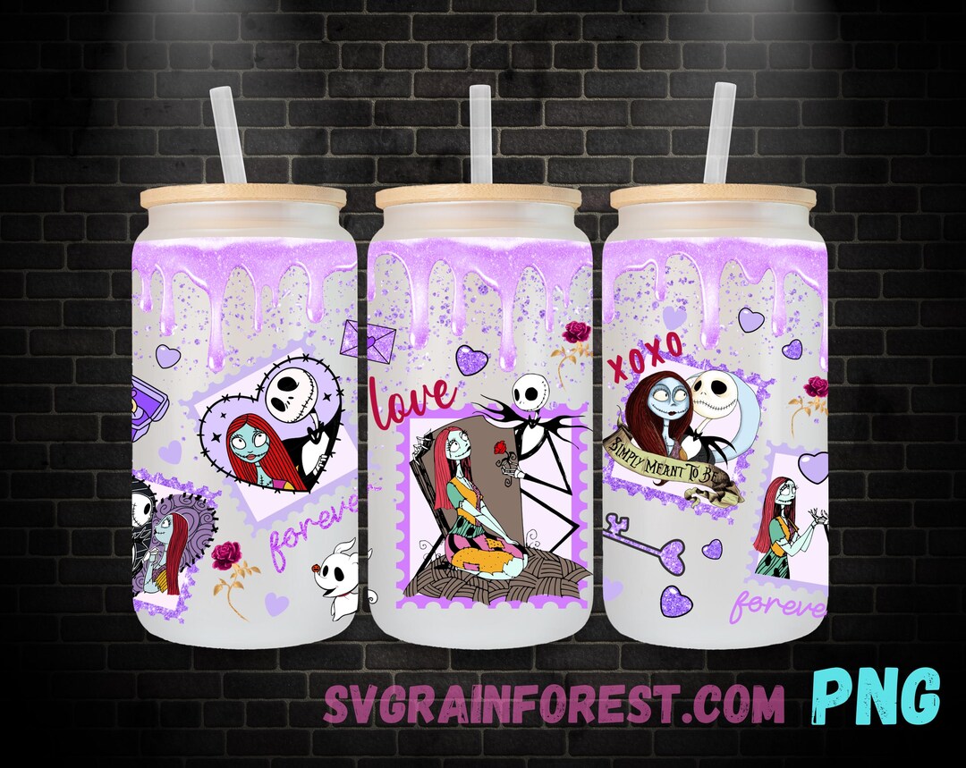 Glitter Drip Jack Skellington Heart 16oz Glass Can Wrap PNG, Libbey ...