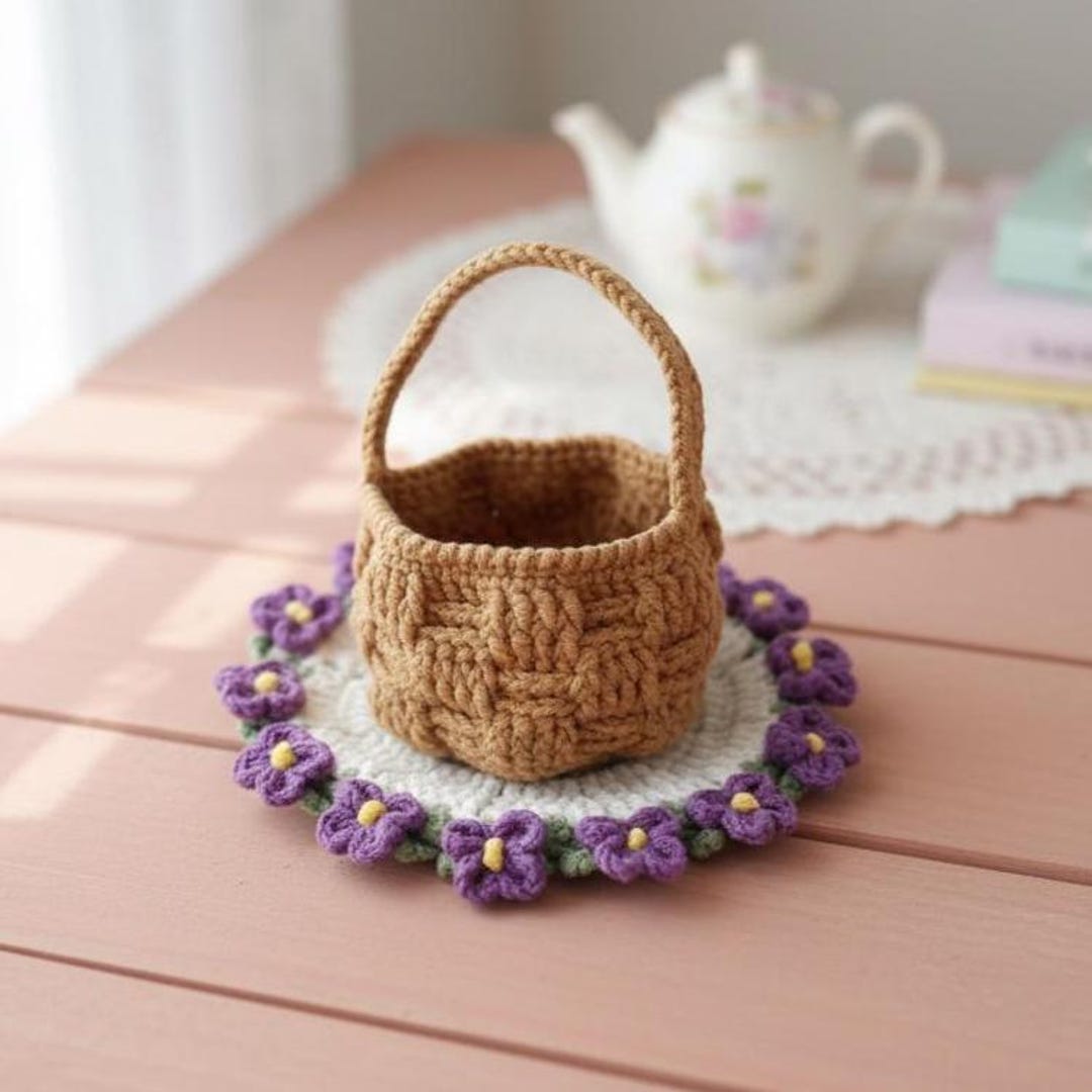 Lilac Coaster and Basket Crochet Pattern - Easy Crochet Flower Coaster ...
