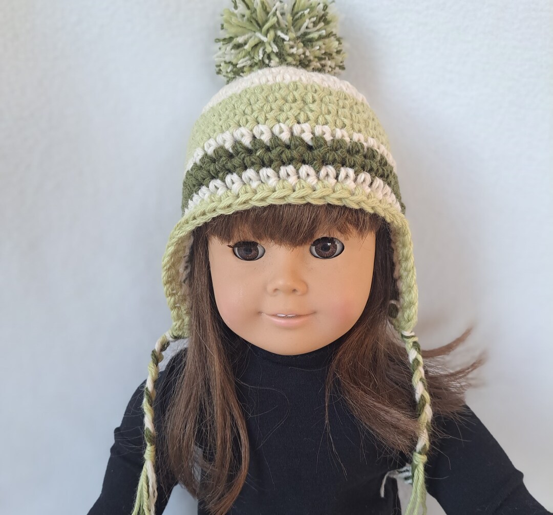 Crochet Pattern, Spring Green Doll Ear Flap Beanie, Crochet Doll ...