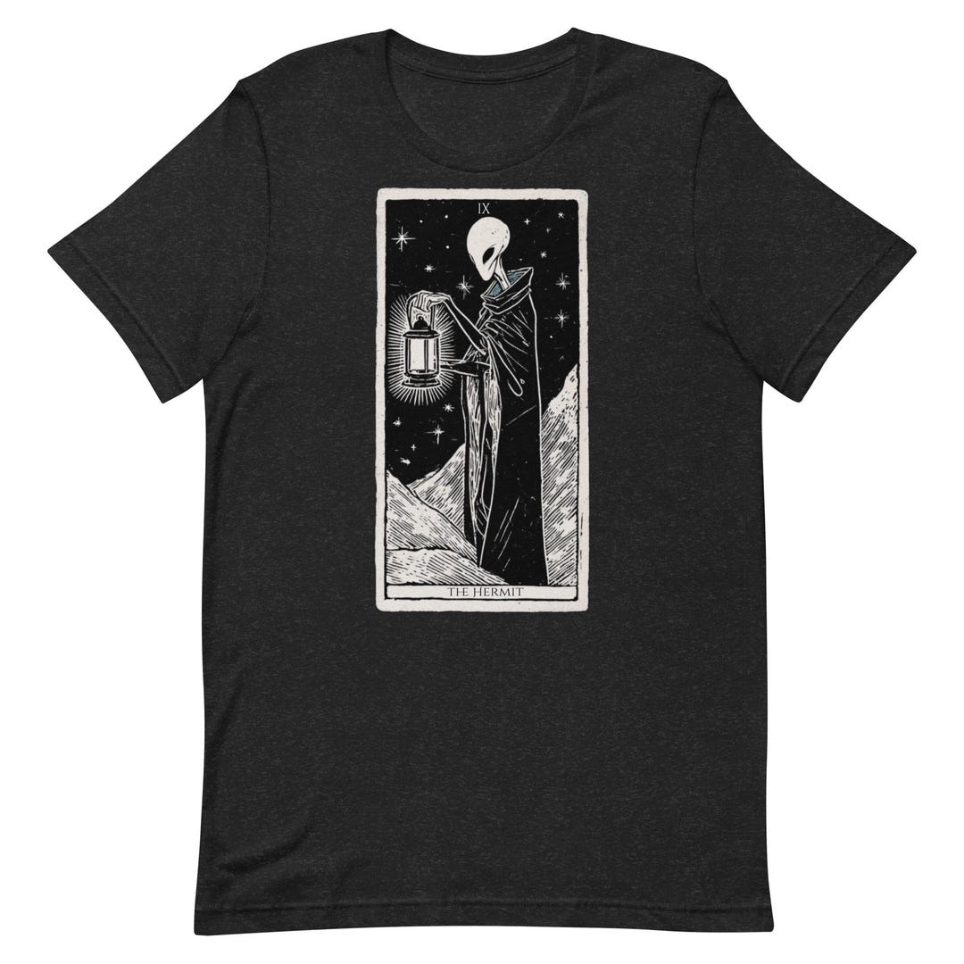 The Hermit Tarot Card Shirt – Alien in Solitude – Cosmic UFO Art Tee - Etsy