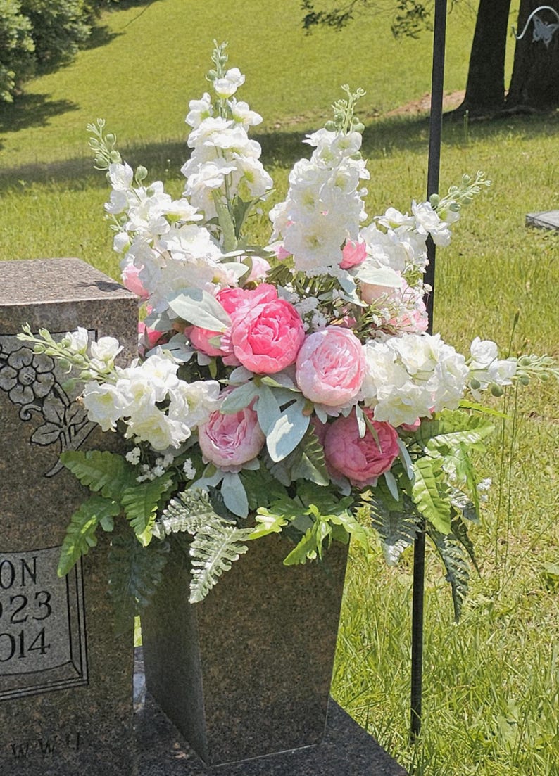 Pink Peony and White Snapdragon Cemetery Vase Arrangement – Artificial ...