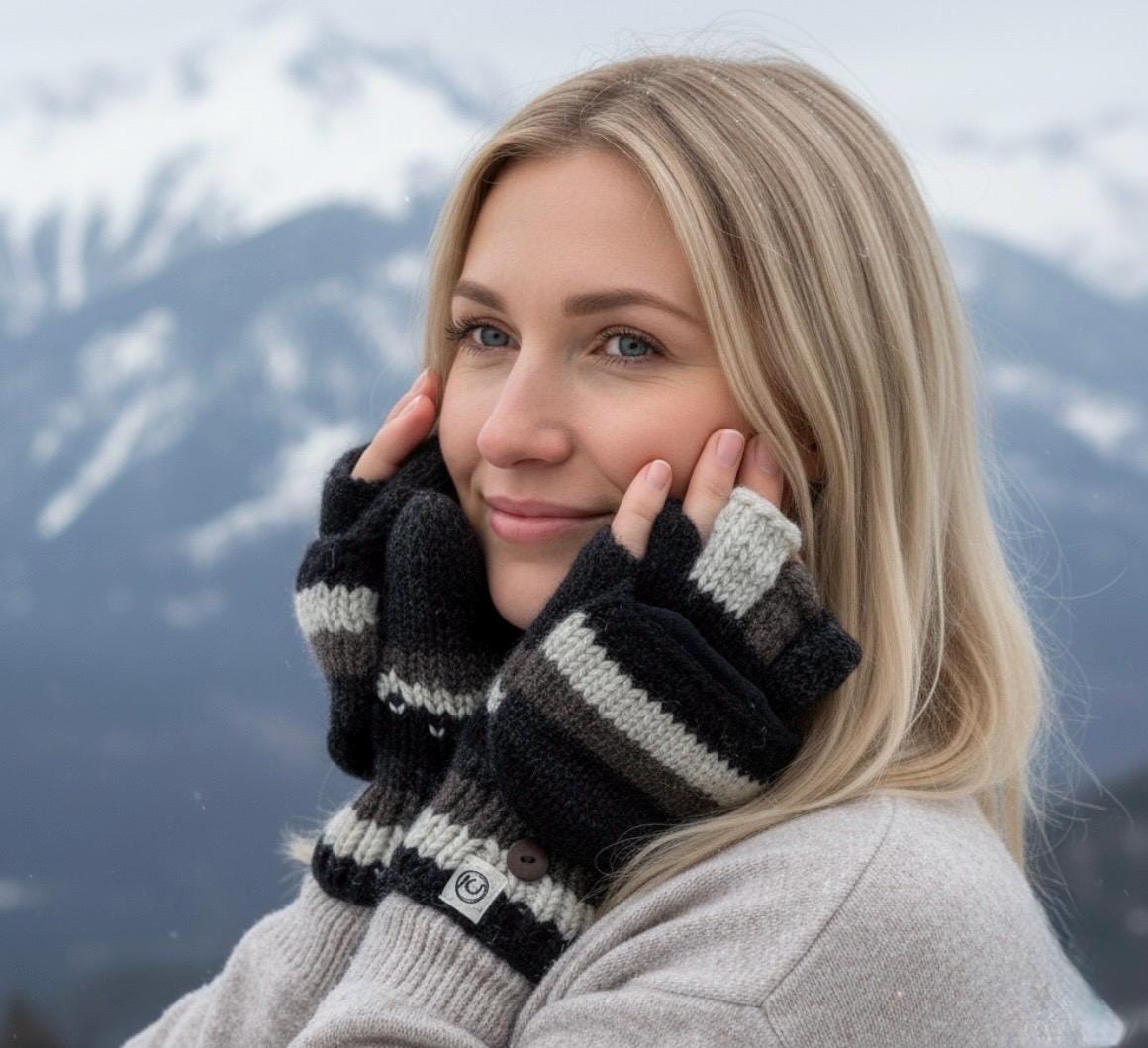Hand Knit Wool Hat & Convertible Mittens Set: Fleece Lined, Nepal - Etsy