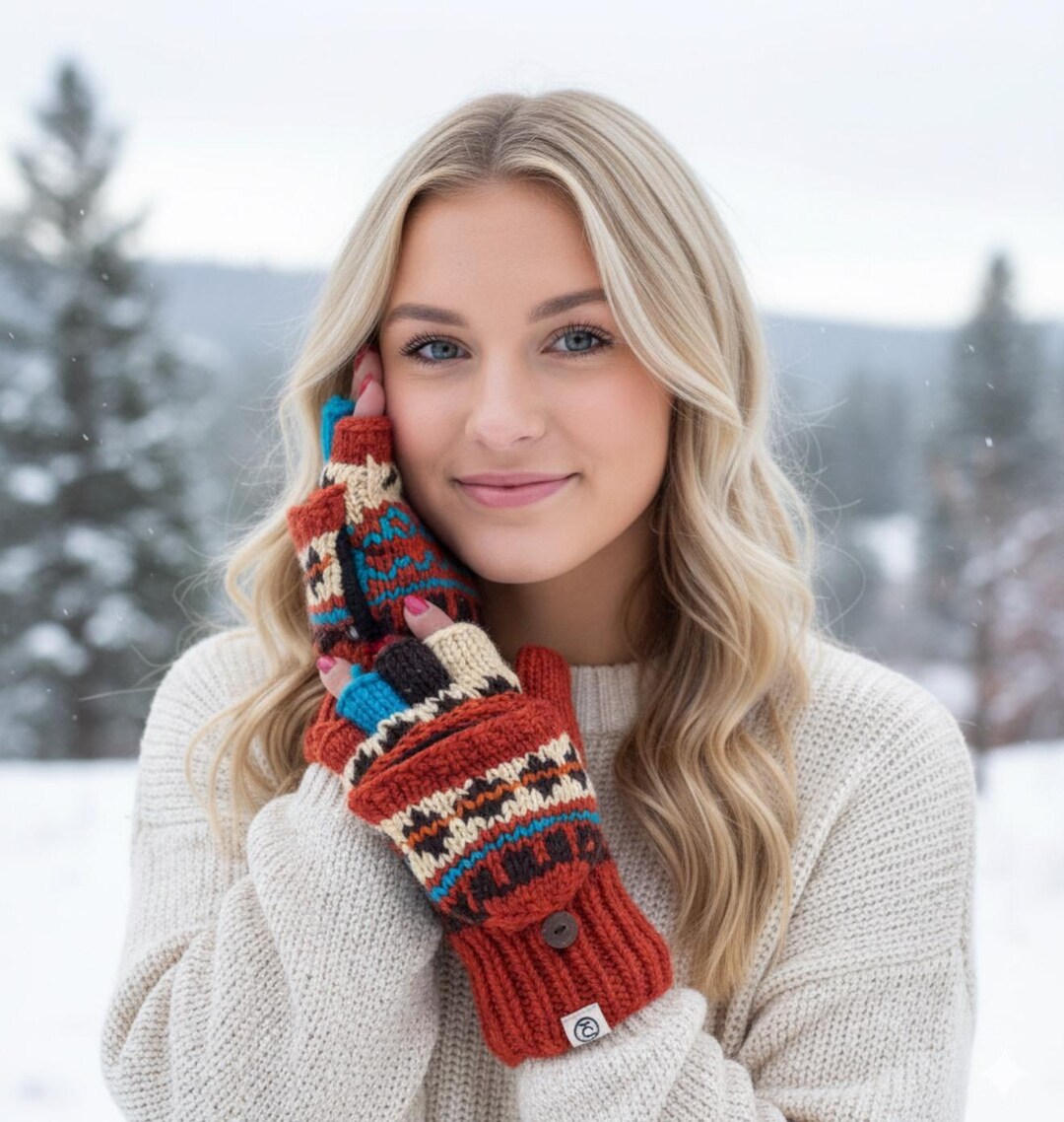 Wool Hand Knit Sherpa Convertible Mittens Gloves Ski Fleeced Lining ...
