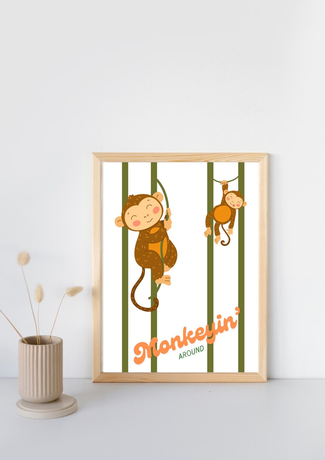 Monkey Cartoon Art Jungle Stripe Monkeyin Around . DIGITAL DOWNLOAD ...