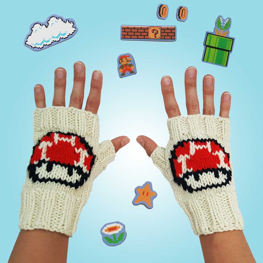 Mario Inspired Mushroom Fingerless Gloves Retro Gaming Texting Gloves ...