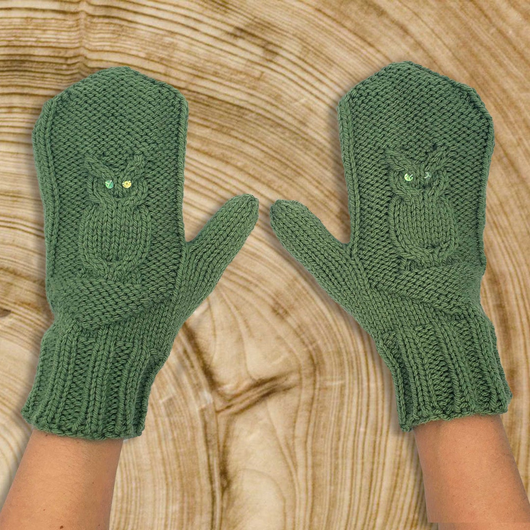 Green Knit Owl Mittens With Sequins - Adorable Green Knitted Mittens ...