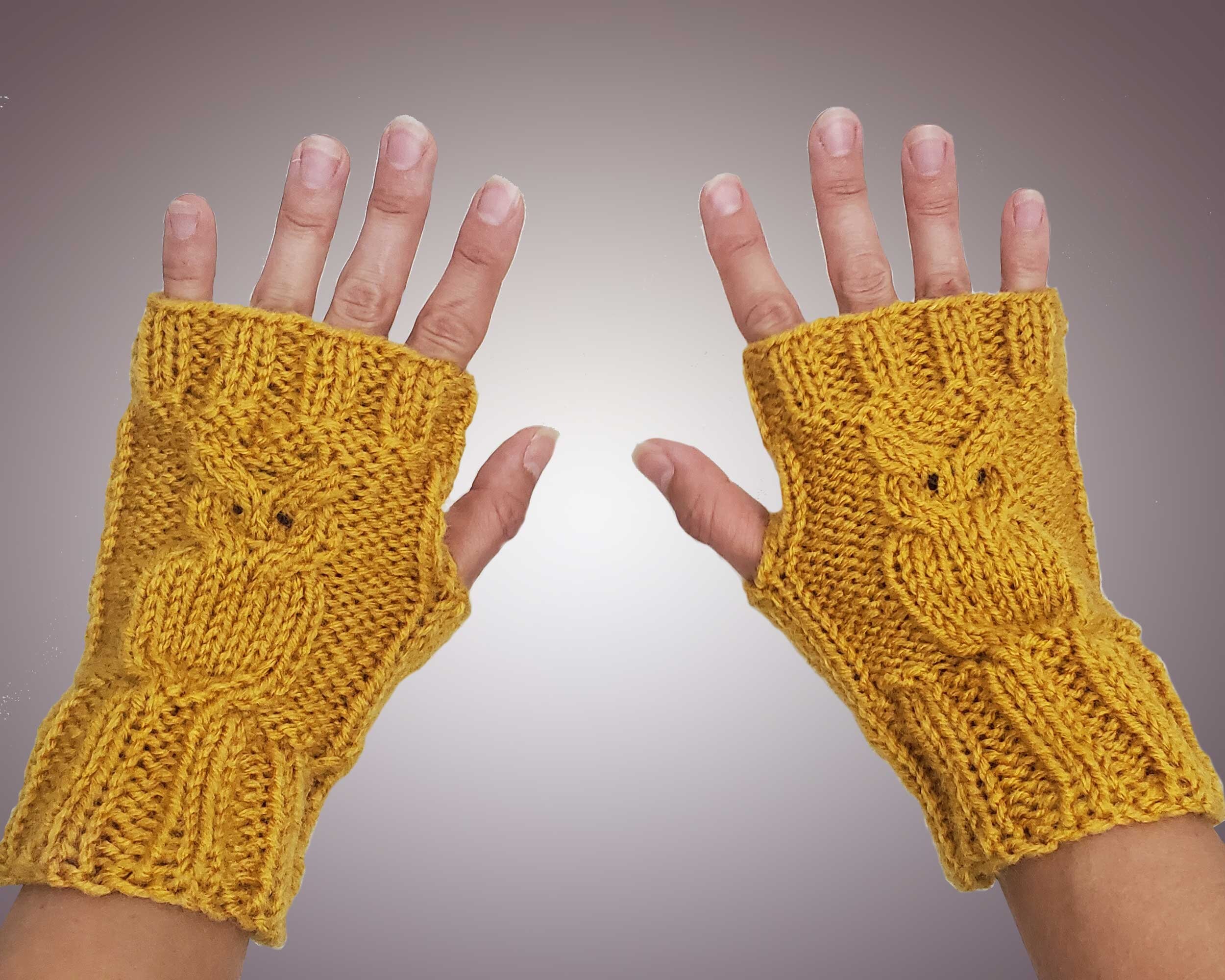 Knit Owl Fingerless Gloves Mustard Yellow Handknit Owl Wrist Warmers Vegan Owl Golden Yellow