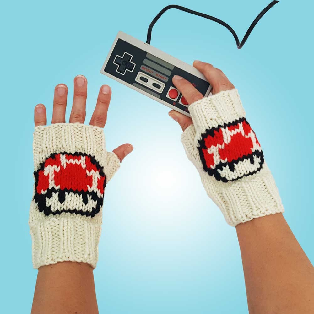 Mario Inspired Mushroom Fingerless Gloves Retro Gaming Texting Gloves ...