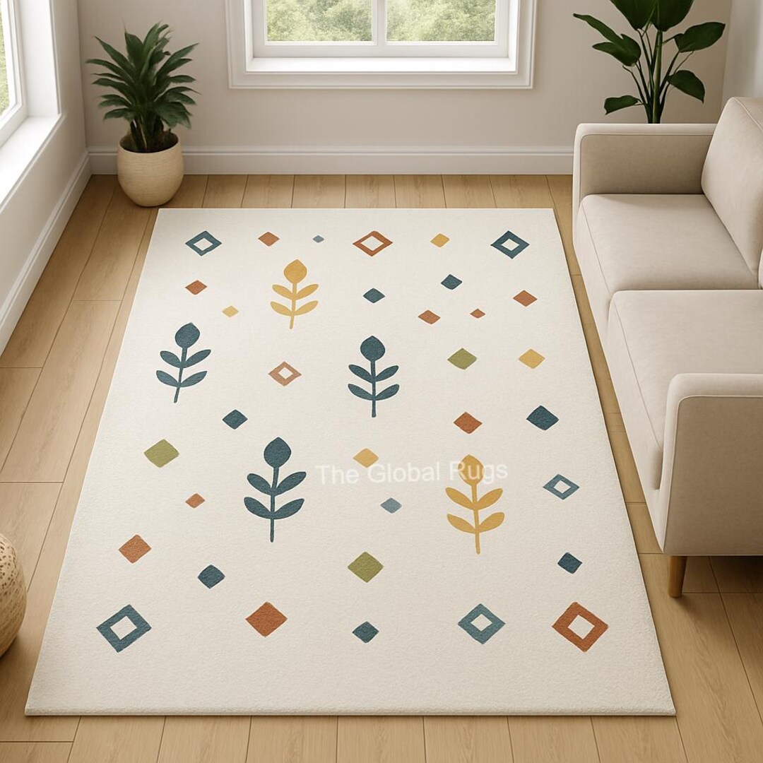Scandinavian Leaf Pattern Area Rug – Hand-tufted Wool Geometric Carpet ...
