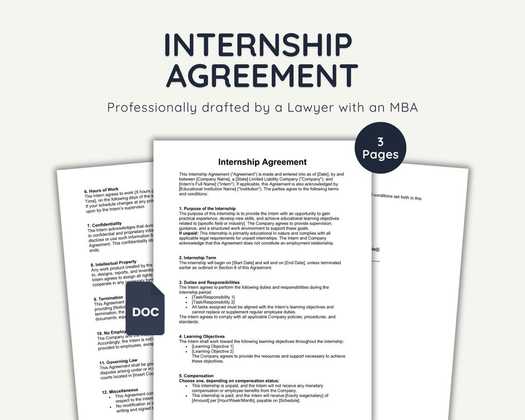 Internship Contract Template, Legal Agreement for Interns, Editable ...