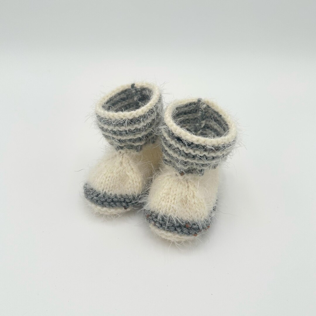 Knitted off White and Grey Baby Booties, Very Soft Crib Booties, Gray ...