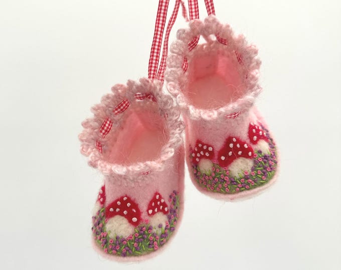 Woodland Baby Crib Booties, Mushrooms, Pink, Heirloom, Unique OOAK Soft ...