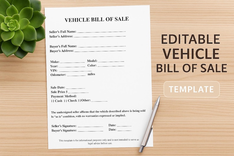 Vehicle Bill of Sale Template | Printable Car Sale Form | Instant ...