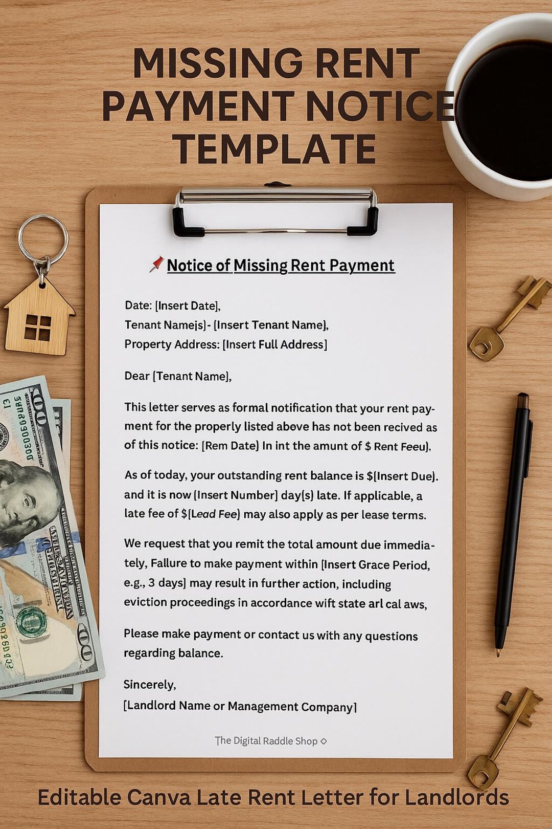 Missing Rent Notice Template - Editable Late Rent Payment Letter for ...
