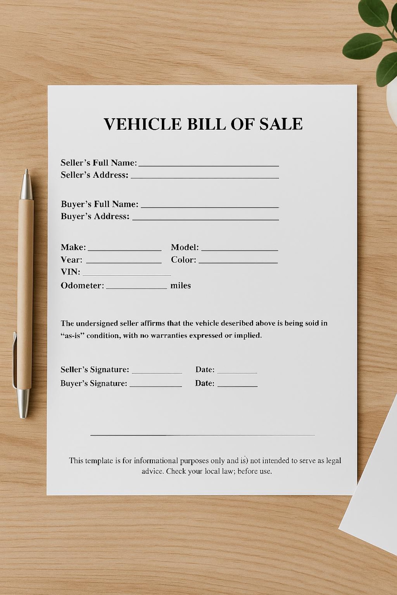 Vehicle Bill of Sale Template | Printable Car Sale Form | Instant ...