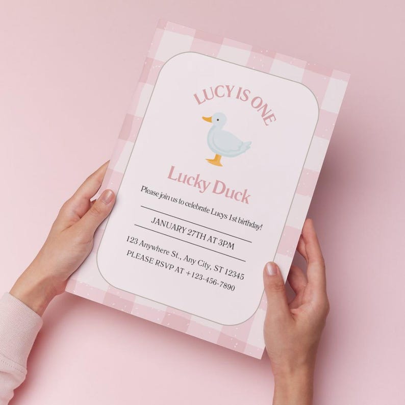 Lucky Duck Girl Birthday Invitation | Editable Pink Gingham 1st ...
