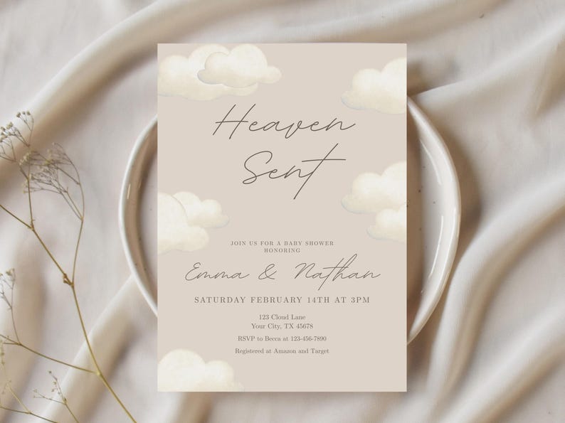 Heaven Sent Baby Shower Invitation Beige Cloud Invite (editable ...