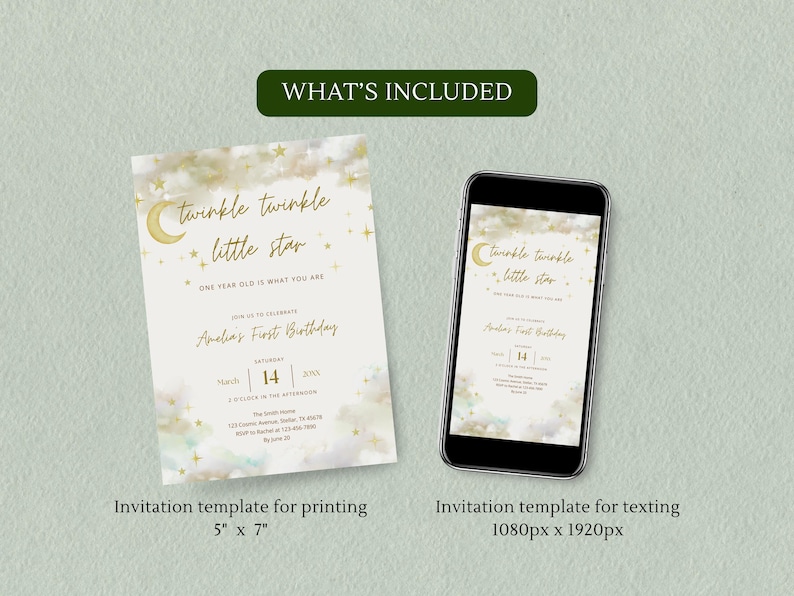 Editable Twinkle Twinkle Little Star First Birthday Invitation Template ...