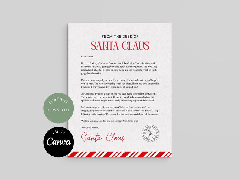 Letter From Santa Editable Template Printable Child Christmas Keepsake ...
