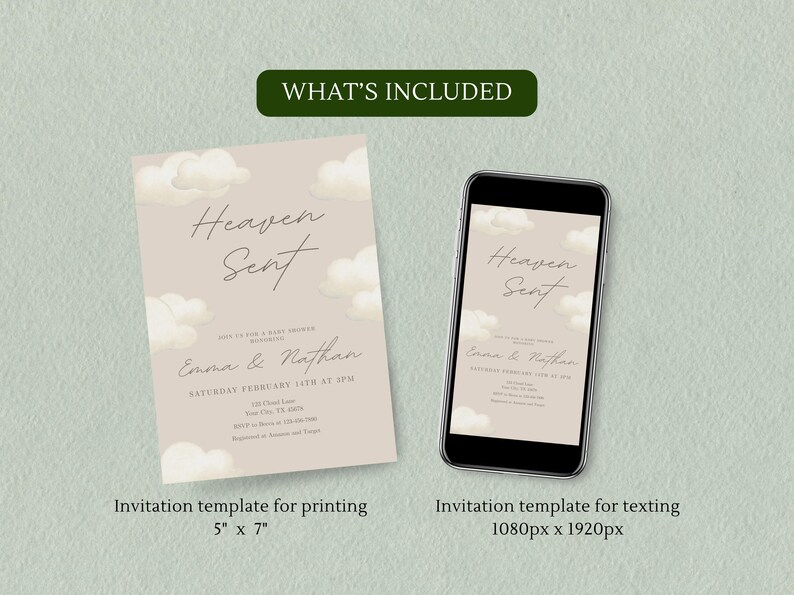 Heaven Sent Baby Shower Invitation Beige Cloud Invite (editable ...