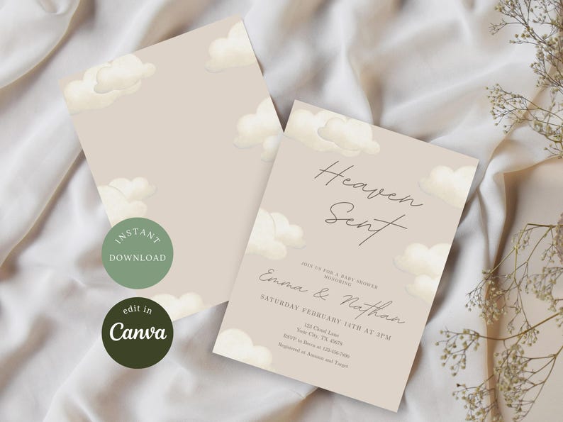 Heaven Sent Baby Shower Invitation Beige Cloud Invite (editable ...