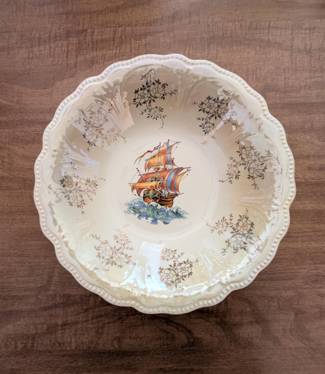 Vintage Ship Bowl, Iridescent Lusterware Serving Bowl - Etsy