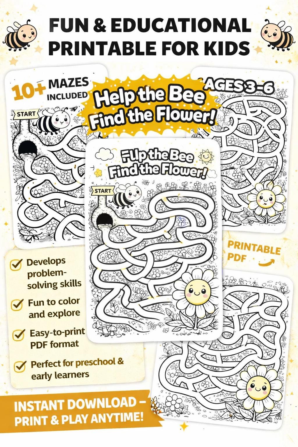Bee Maze Printable, Kids Activity Pack, 5 Mazes PDF - Etsy
