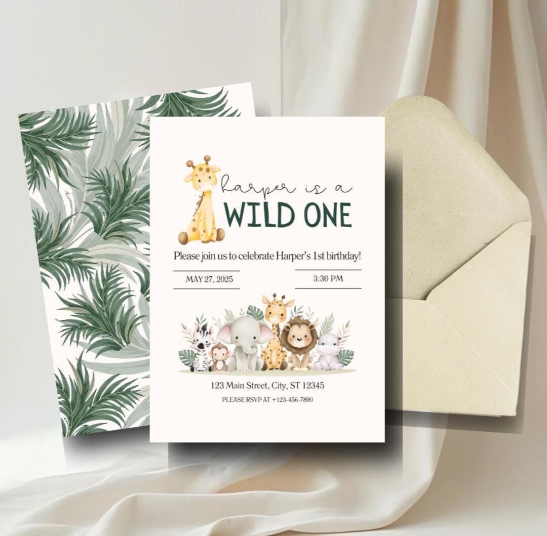 Editable Wild One Safari 1st Birthday Invitation | Jungle Animals First ...