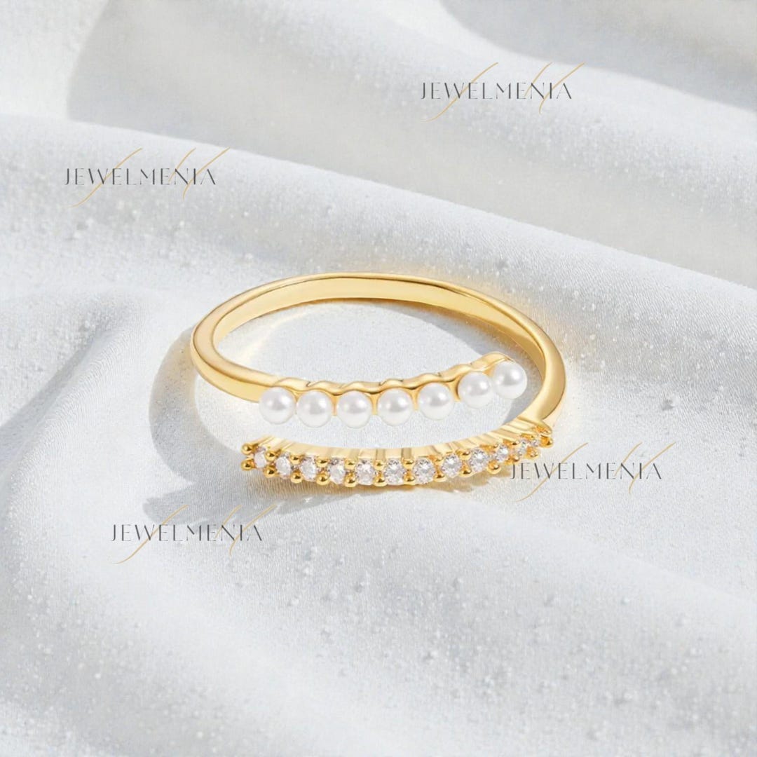 Gold Pearl Bridal Ring – Open Crystal Wrap, Adjustable Jewelry - Etsy