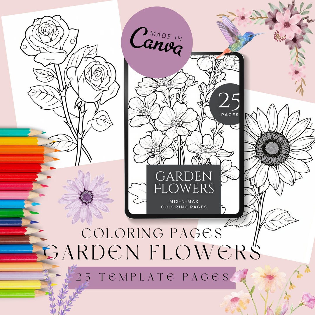 Flowers, 25 Editable Canva Coloring Pages, Instant Download, Editable ...