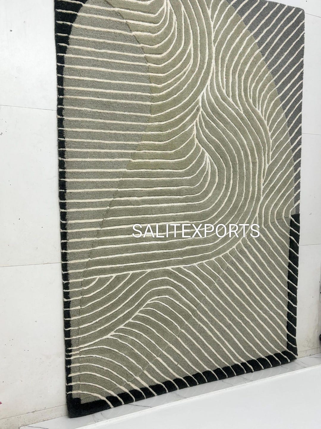 Sage Green Wool Rug | Abstract Wavy Line Design, Hand-tufted - Etsy