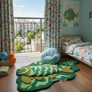 Handmade Fish Rug Kids Room - Green 3D Sea Creature Play Mat ...