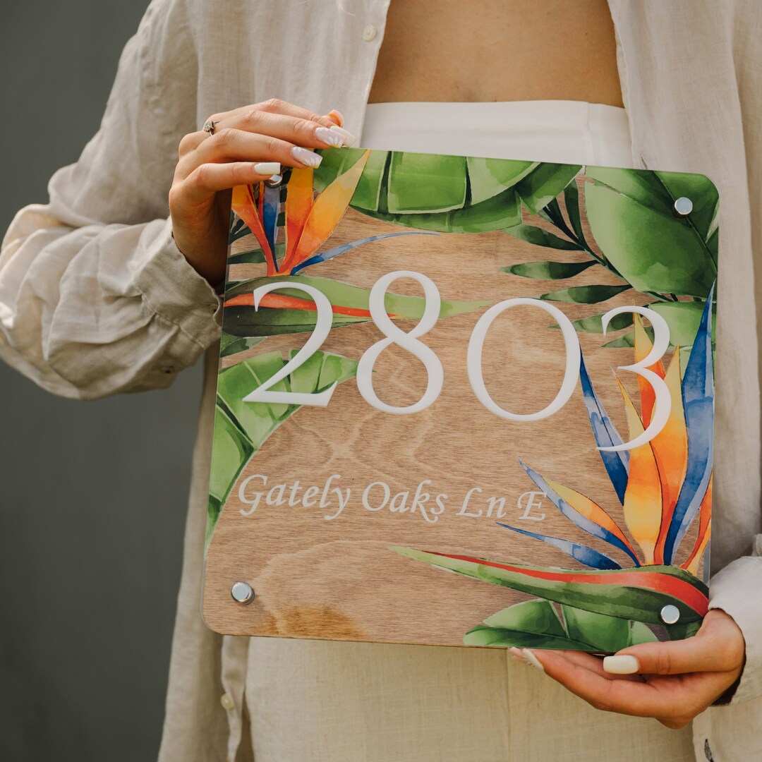 Personalized Tropical Floral House Number Plaque - Modern Wood Address ...