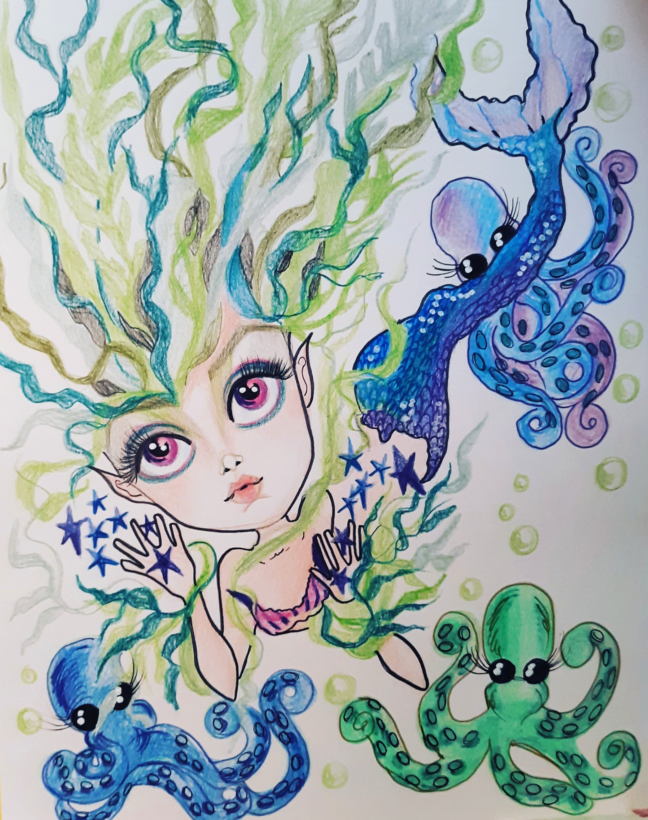 Octo Mermaid fantasy sea siren big eye mermaid art | Etsy