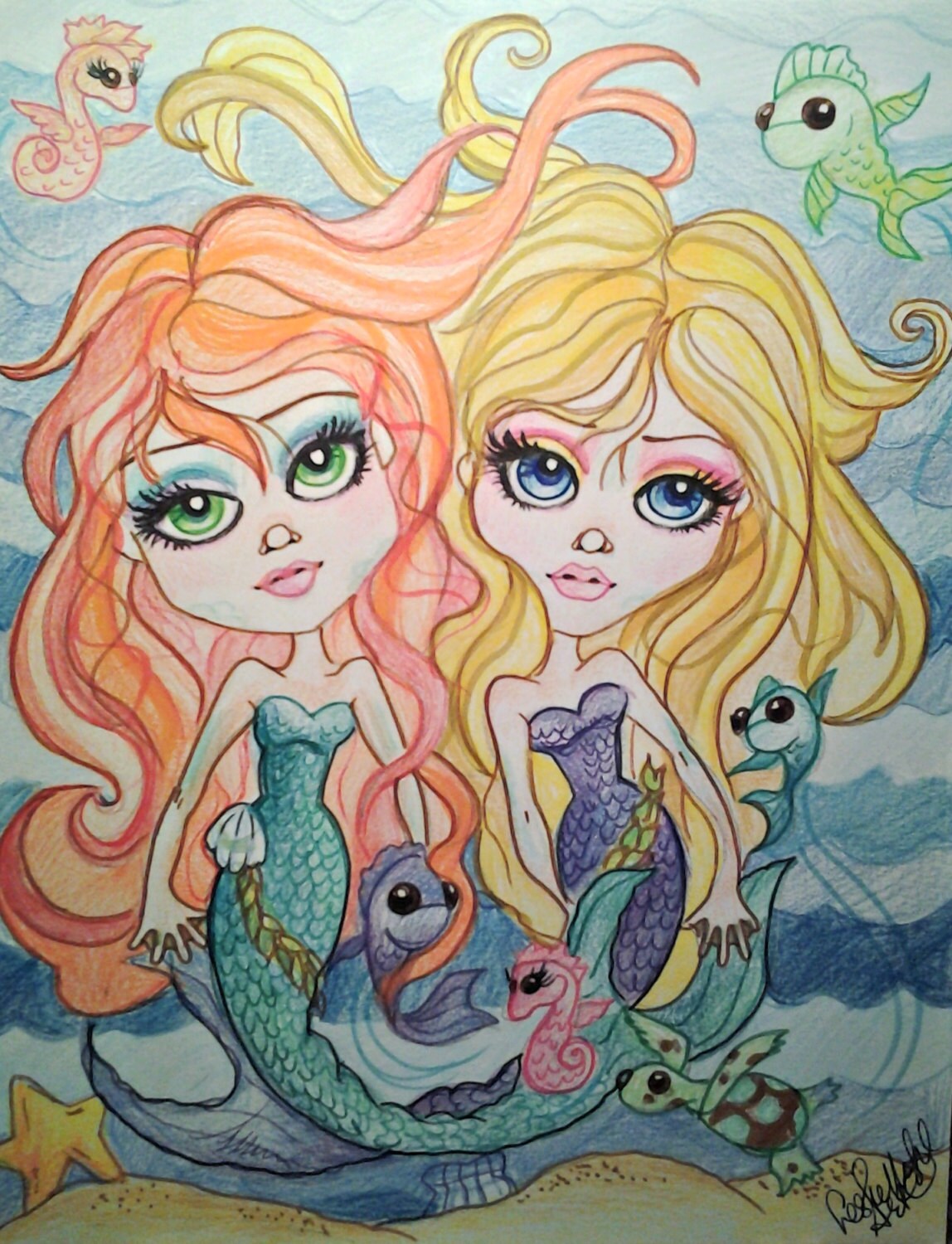 Mermaid Twins Fantasy Art Big Eye Sisters Fish Underwater Print - Etsy