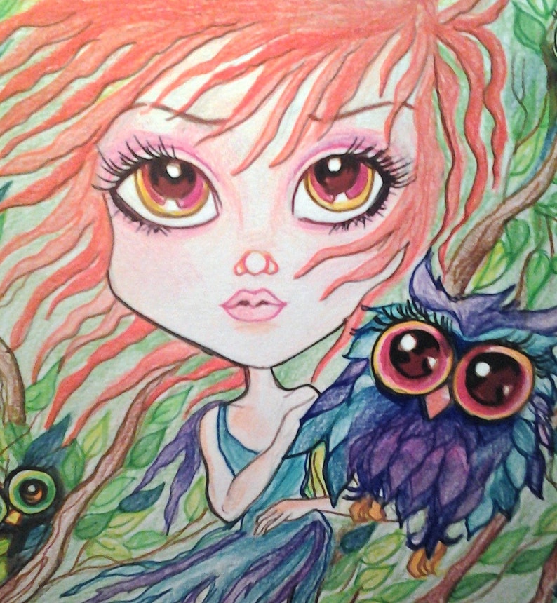 Owl Nymph in a Tree Big Eye Redhead Fantasy Owls Purple Teal - Etsy
