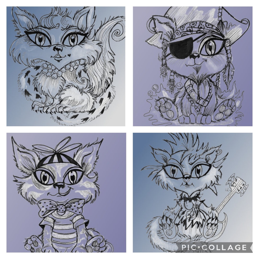 4 Cats, Fantasy Art Prints, Cute Cats, Four 5 X 7 Art Prints by Leslie ...