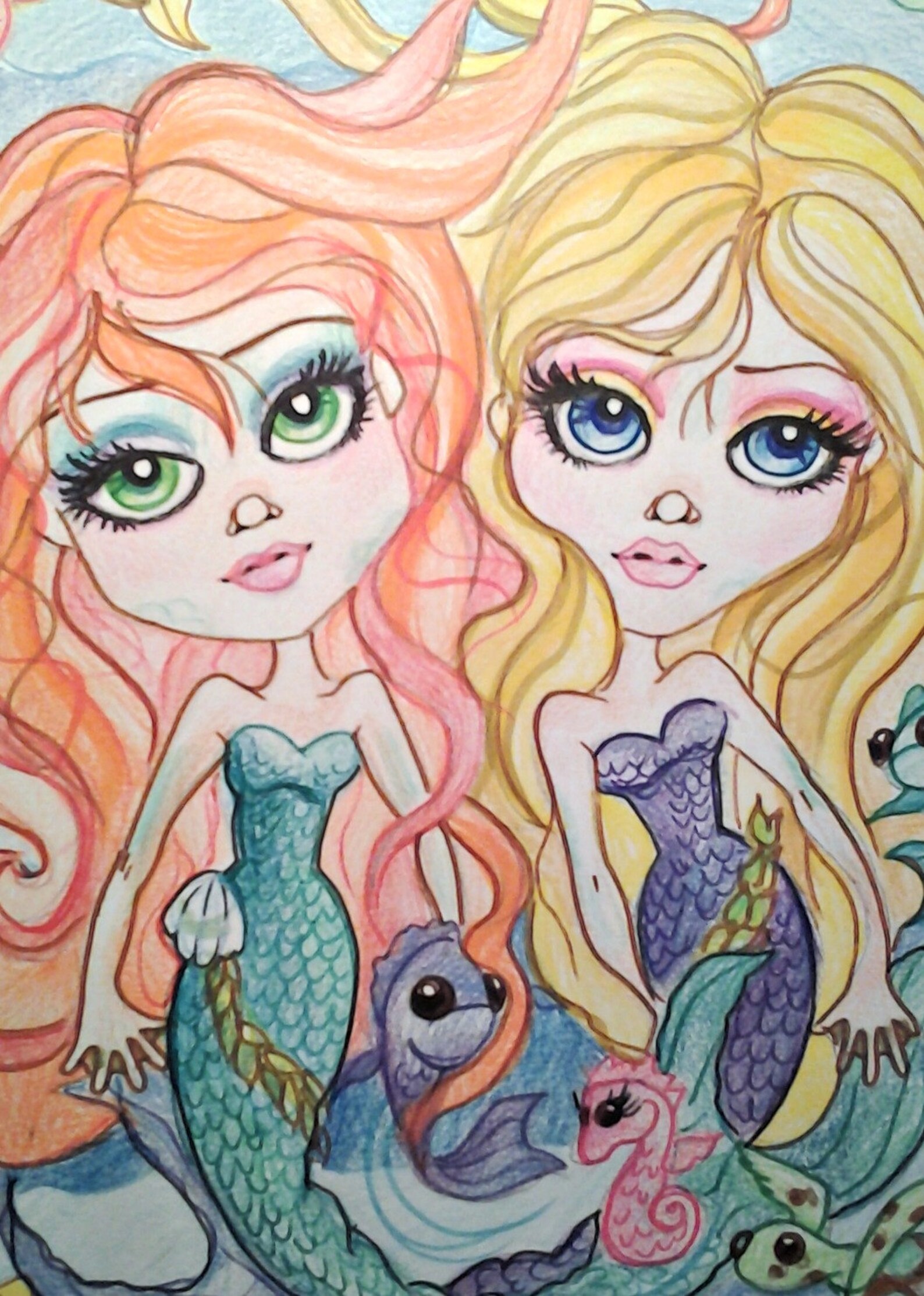 Mermaid Twins Fantasy Art Big Eye Sisters Fish Underwater Print - Etsy