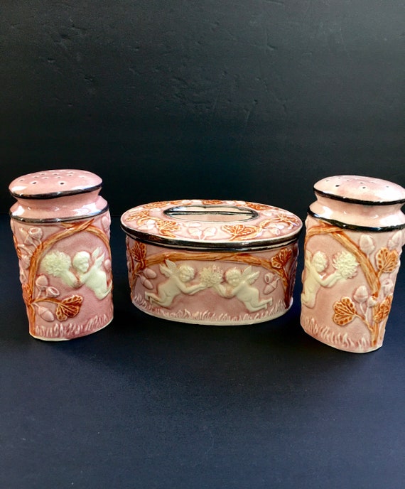 Rose Pink & Cherubs Ceramic Vanity Set Vintage Oval P… - Gem