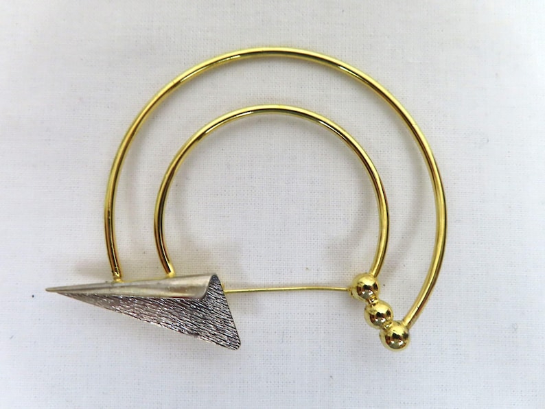 Gold & Silver Tone Semi Circle Triangle Pin Brooch Minimalist Two Tone ...