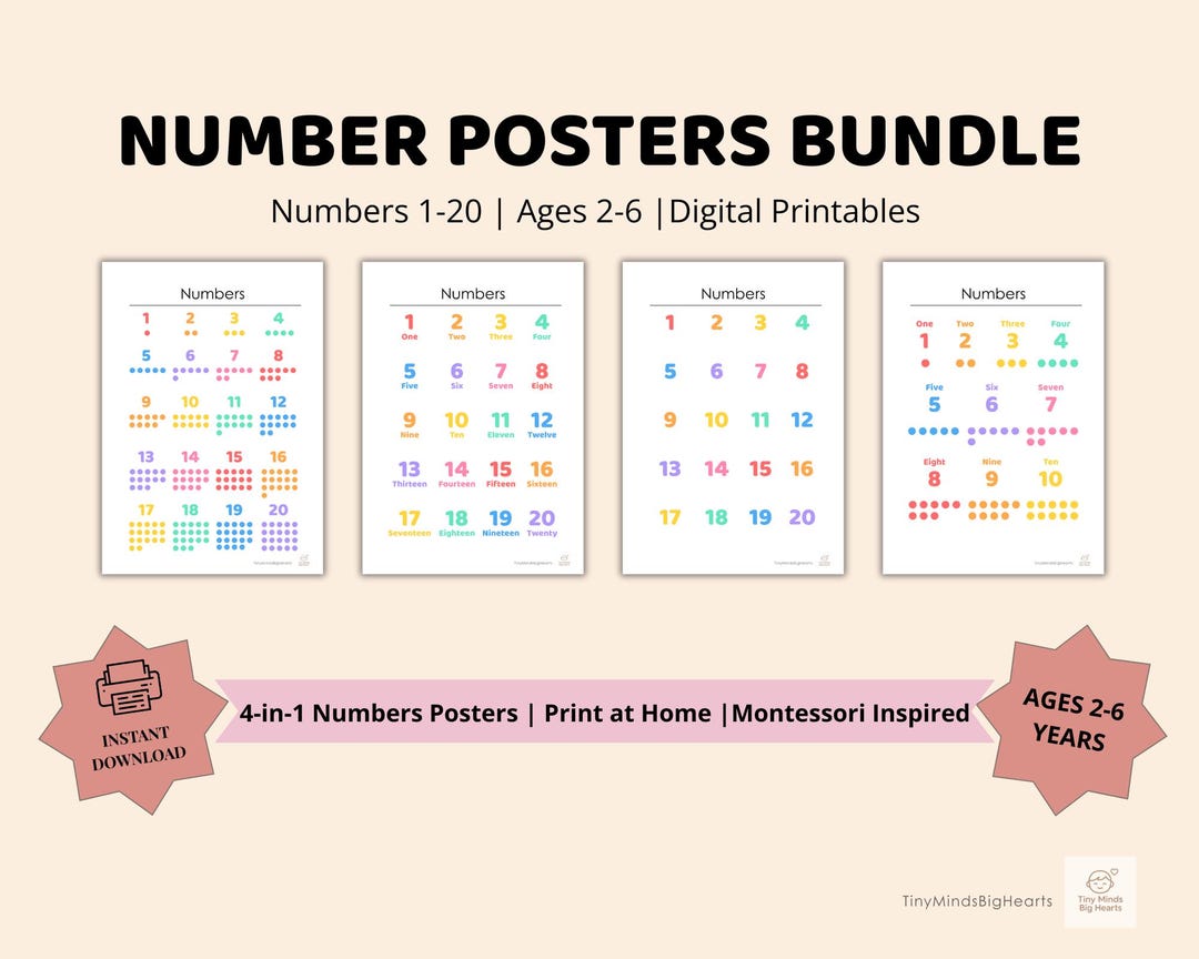 Number Poster Bundle 1–20 | Printable Counting Posters With Dots, Words ...