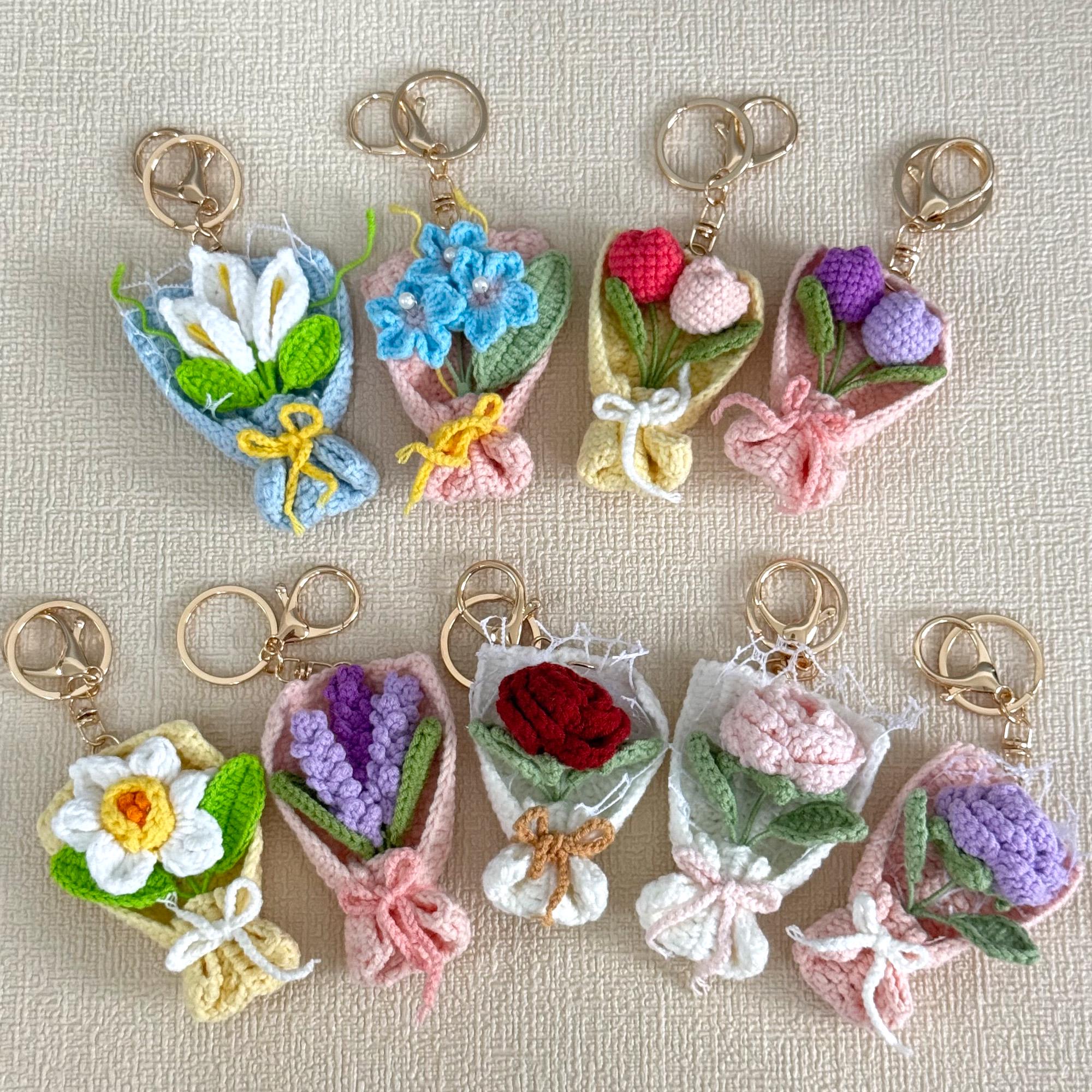 Adorable Hand - Crocheted Mini Flower Bouquet Key Rings for Gifts ...