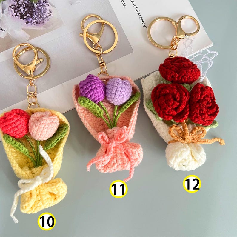 Crochet Mini Bouquet Keychain-roses/sunflowers/lilies/carnations ...