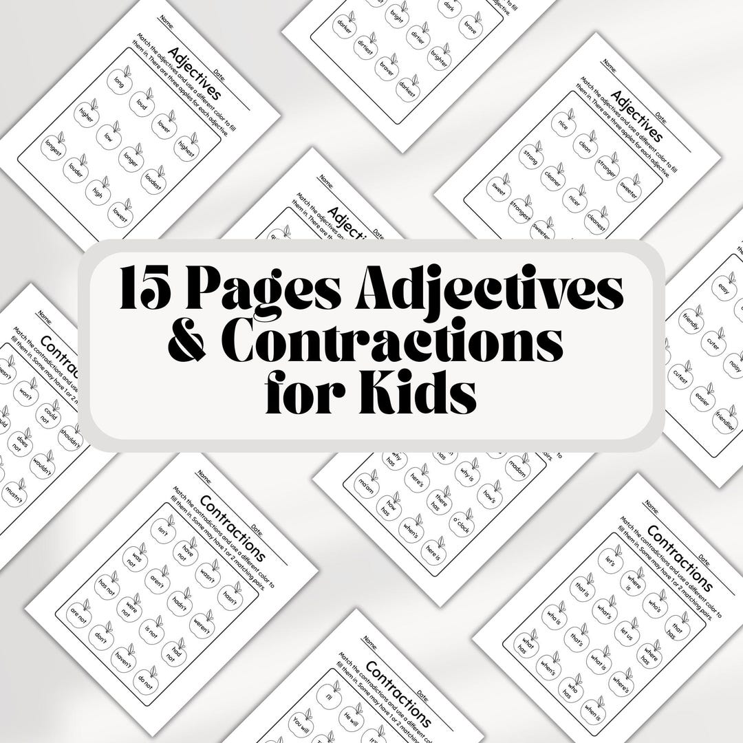 Adjectives & Contractions Worksheets: Literacy Matching Activities (PDF ...
