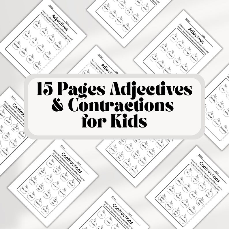 Adjectives & Contractions Worksheets: Literacy Matching Activities (PDF ...