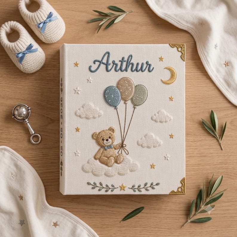 Embroidered Baby Photo Album With Teddy Bear – Personalized Linen Baby ...