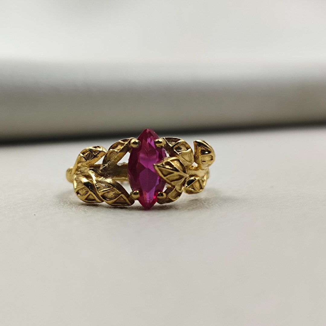 Marquise Cut Beautiful Ruby Ring, 14k Gold Plated Leaf Ruby Ring, Solid ...